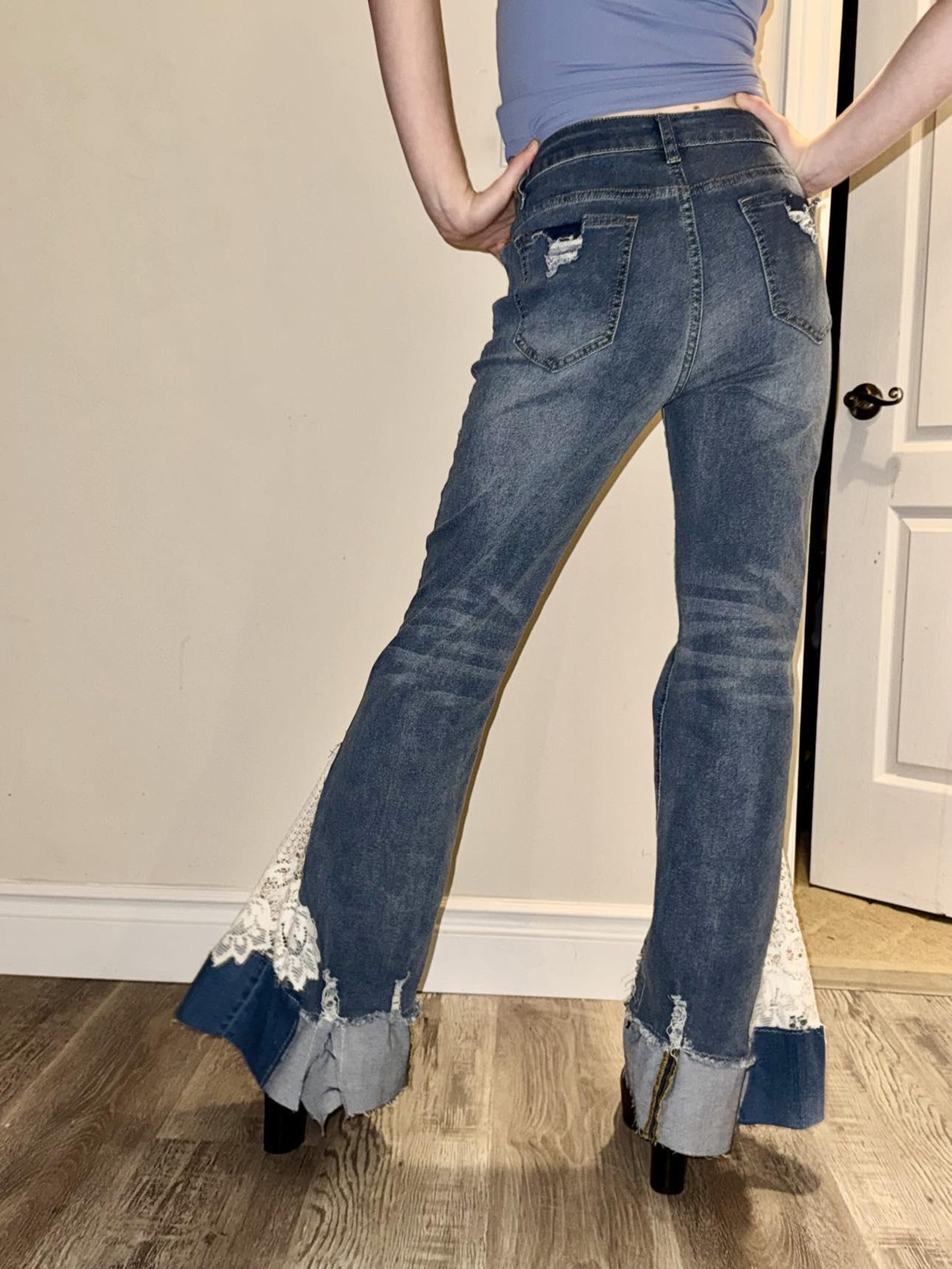 Handmade Lace Insert Bell Bottom Jeans: Upcycled Boho Denim Flares - Etsy