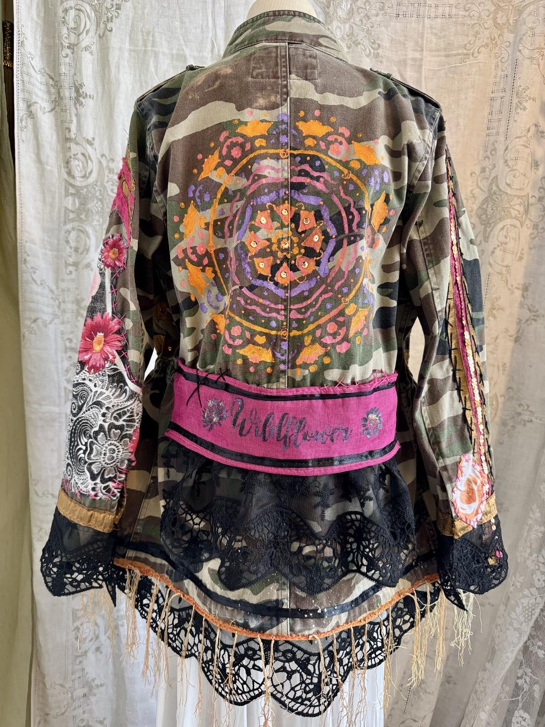 Concert Camo Jacket, Boho Military Festival Coat, Lace, Fringe, Sequins ...