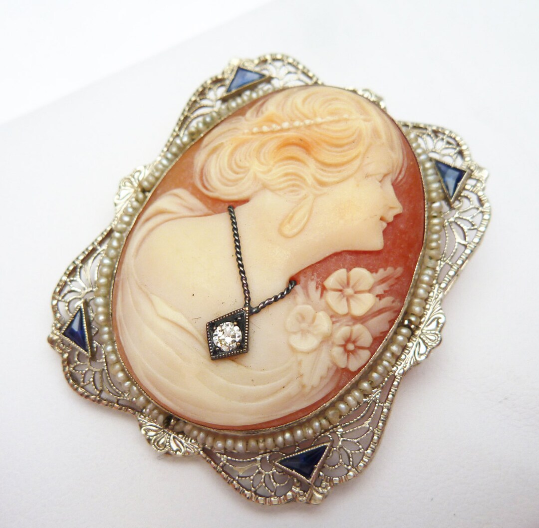14k Cameo Shell Pin and Pendant With Seed Pearls and Blue Spinel - Etsy