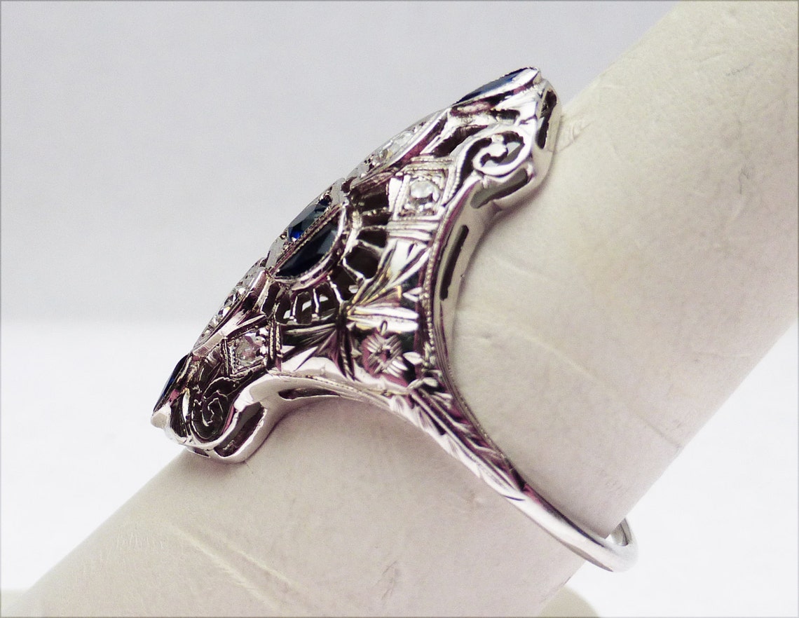 14k Diamond and Blue Stone Dinner Ring - Etsy