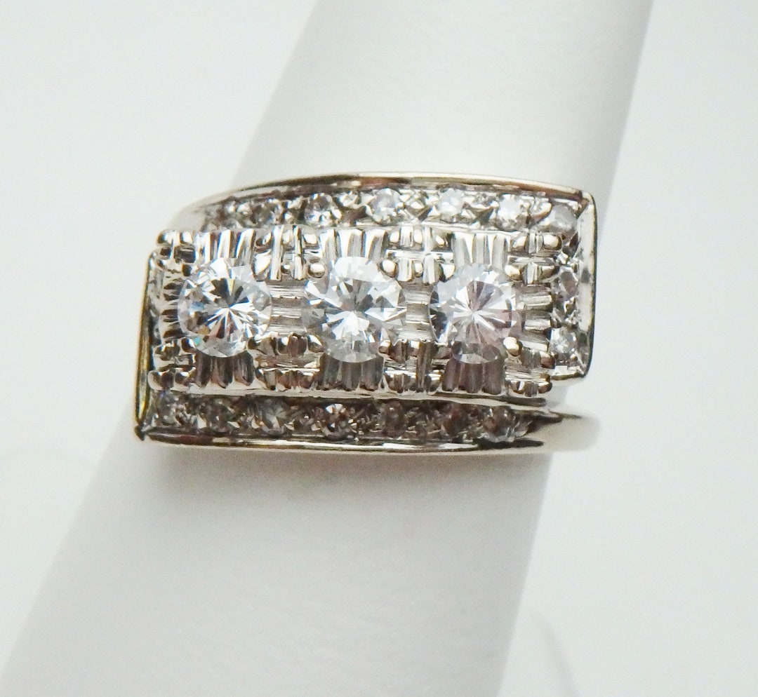 14 Kt Diamond Diagonal 3 Stone Style Princess Cluster Ring 1960s White ...