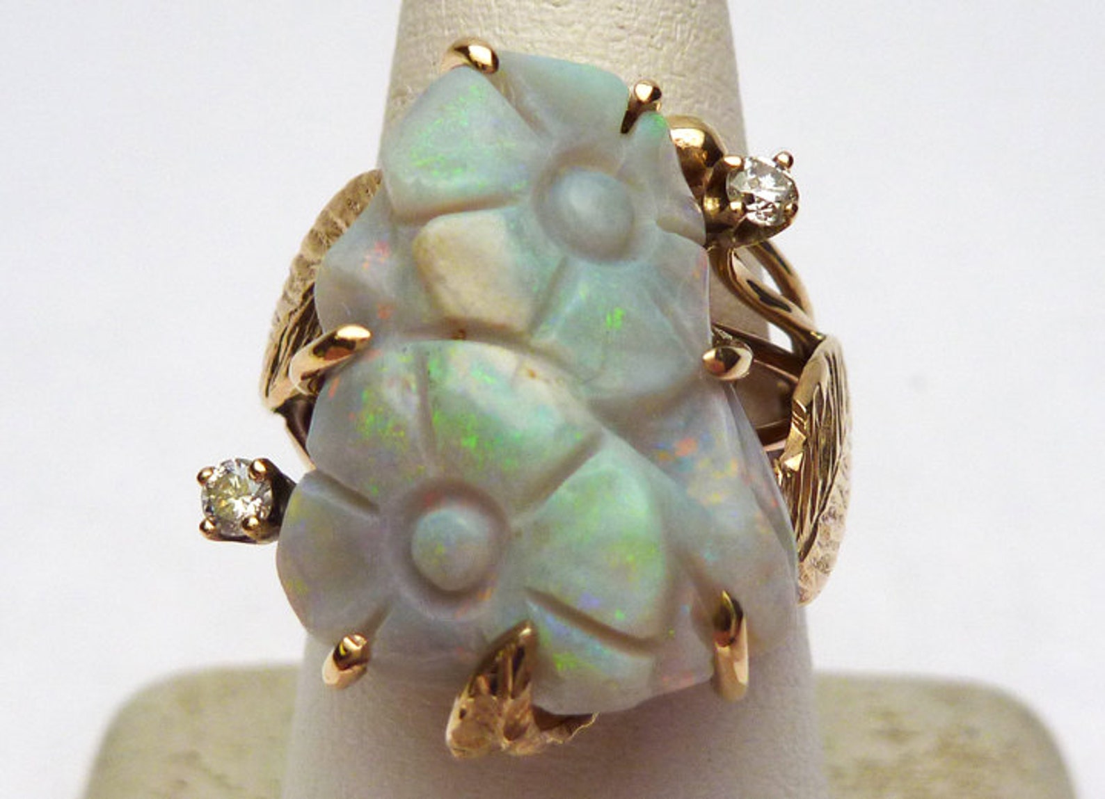 14k Solid Piece of Hand Carved Opal and Diamonds Handmade - Etsy