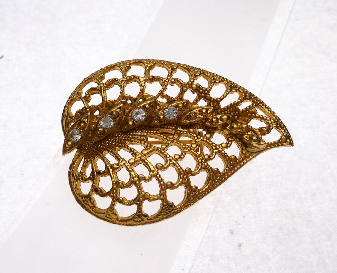 Rhinestone Leaf Gold Tone Pin - Etsy