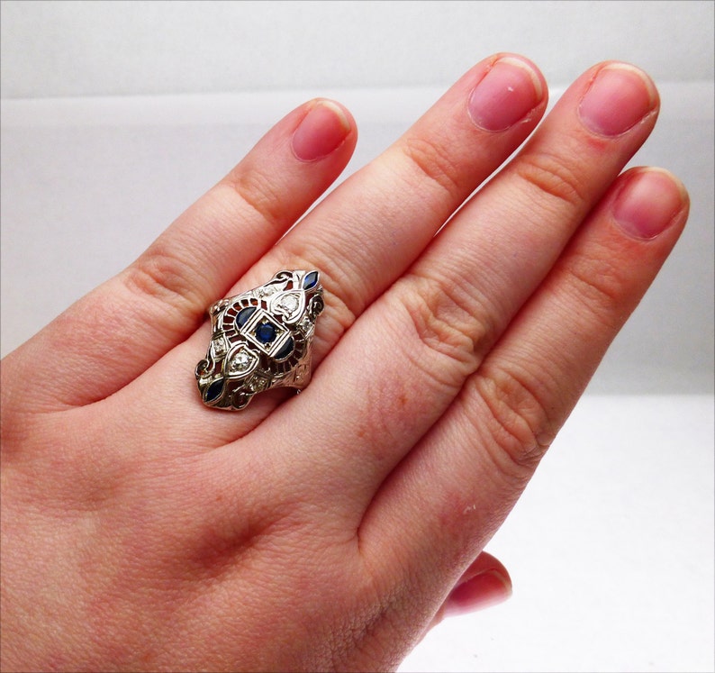 14k Diamond and Blue Stone Dinner Ring - Etsy