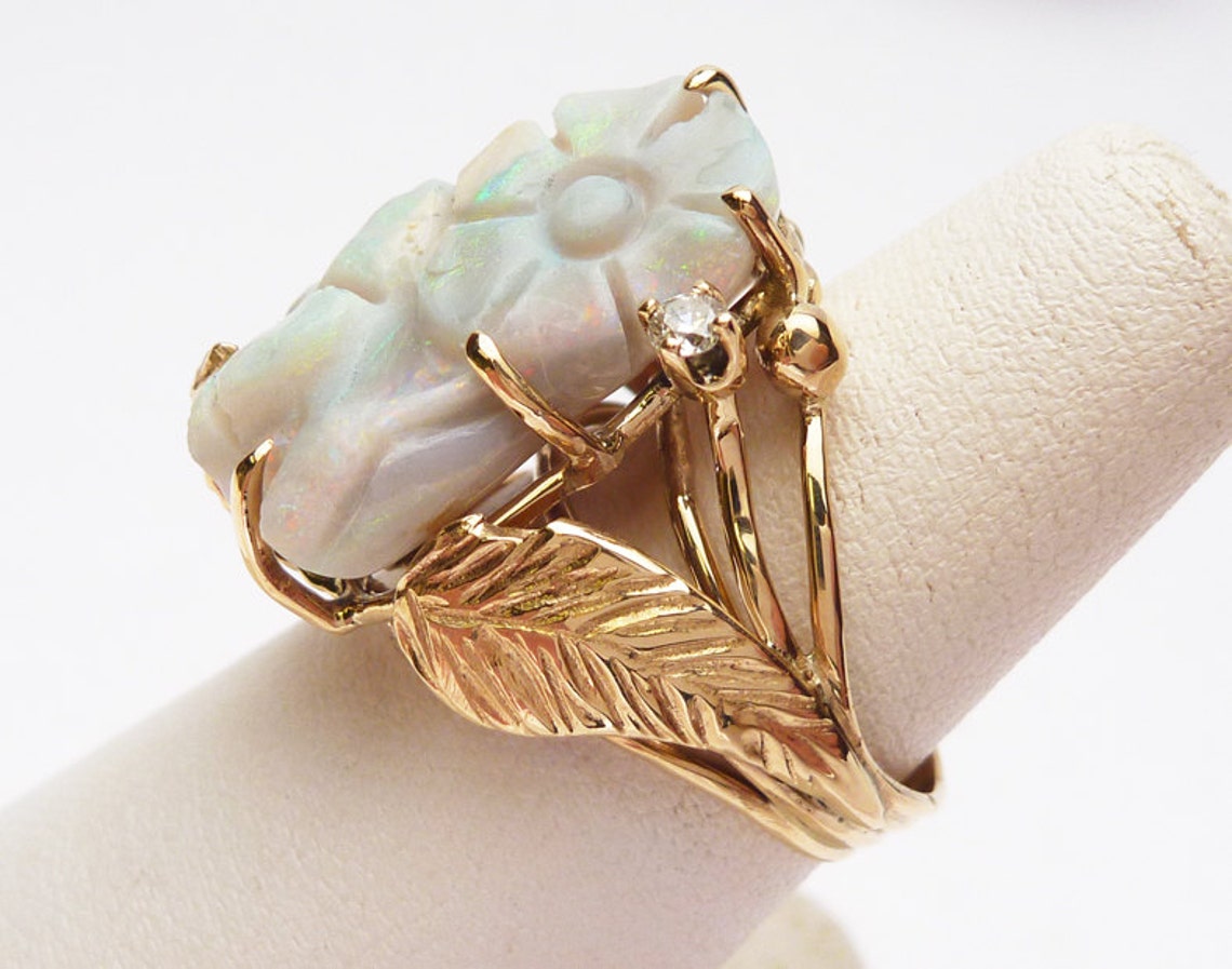 14k Solid Piece of Hand Carved Opal and Diamonds Handmade | Etsy