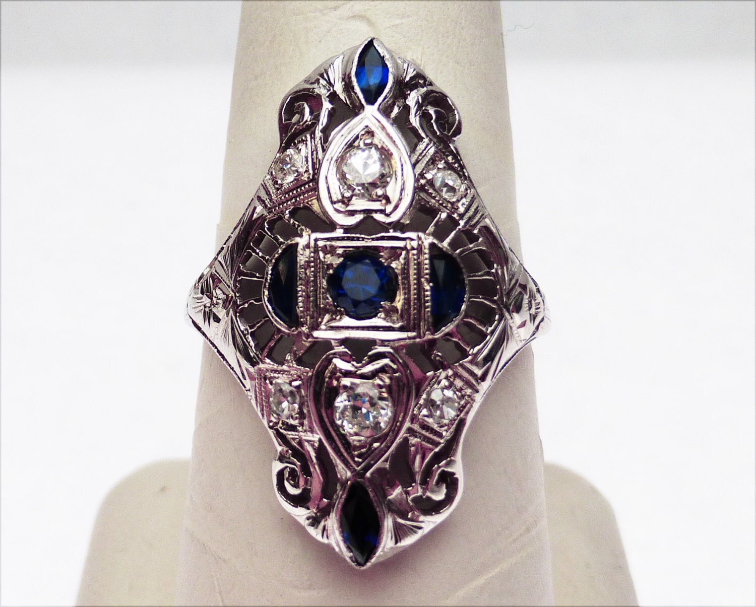 14k Diamond and Blue Stone Dinner Ring - Etsy