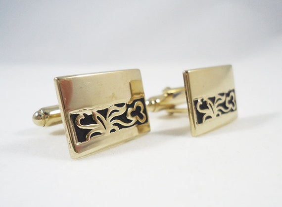 Anson Black and Gold Floral Vintage Cufflinks Mens - Gem