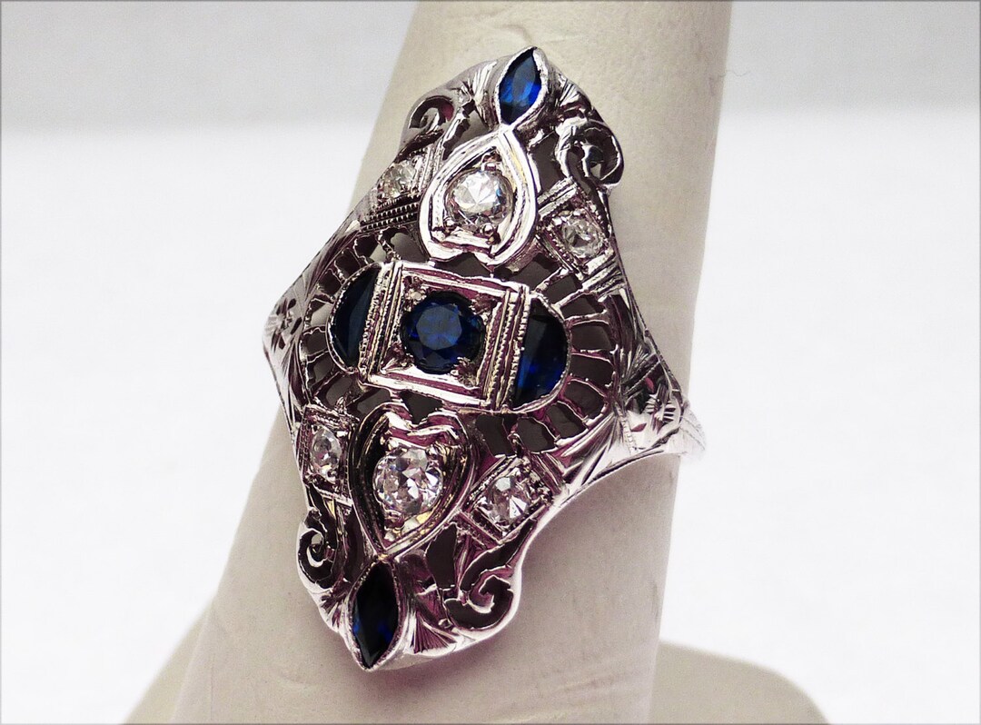 14k Diamond and Blue Stone Dinner Ring - Etsy