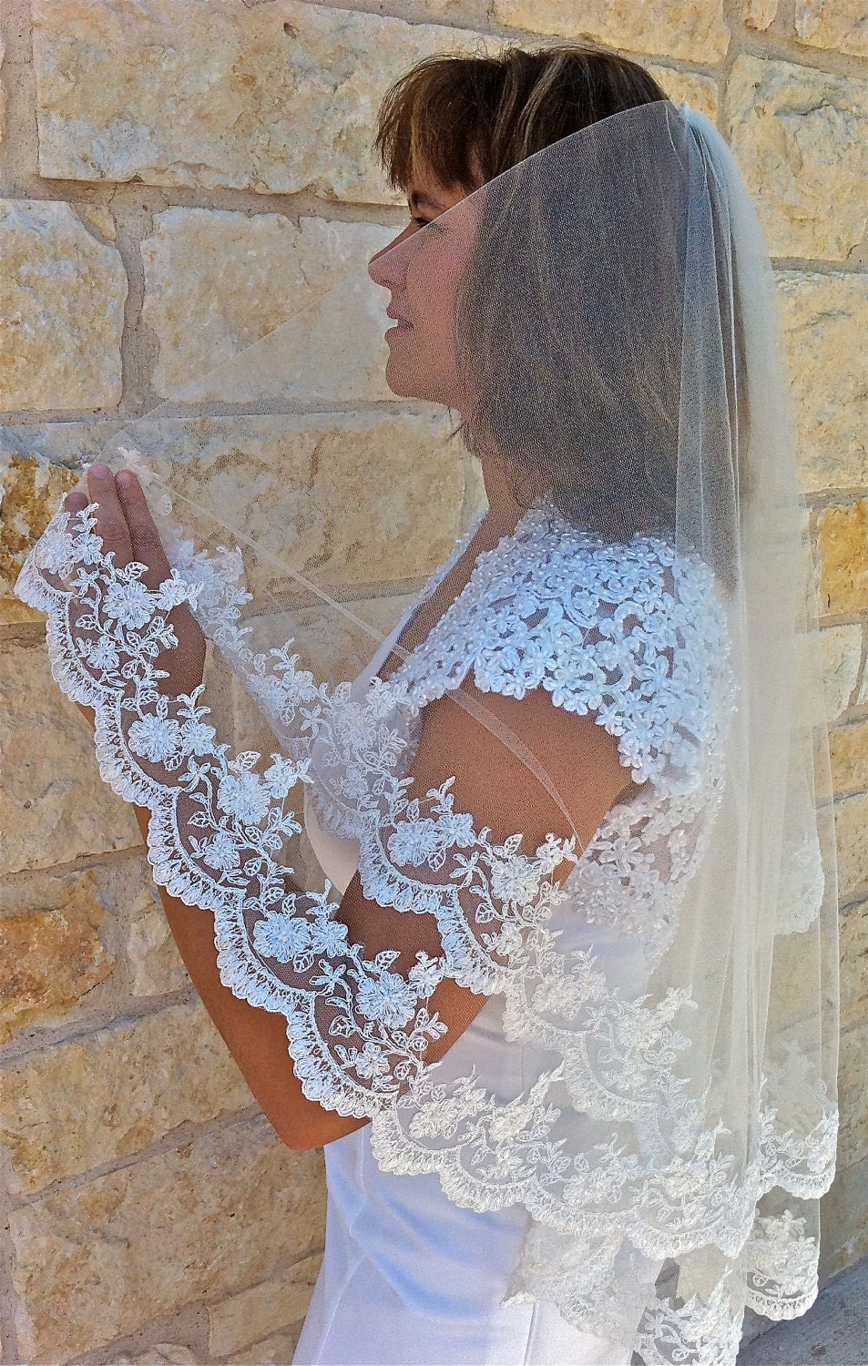 Lace veil with Alencon lace edge design with beaded trim in | Etsy