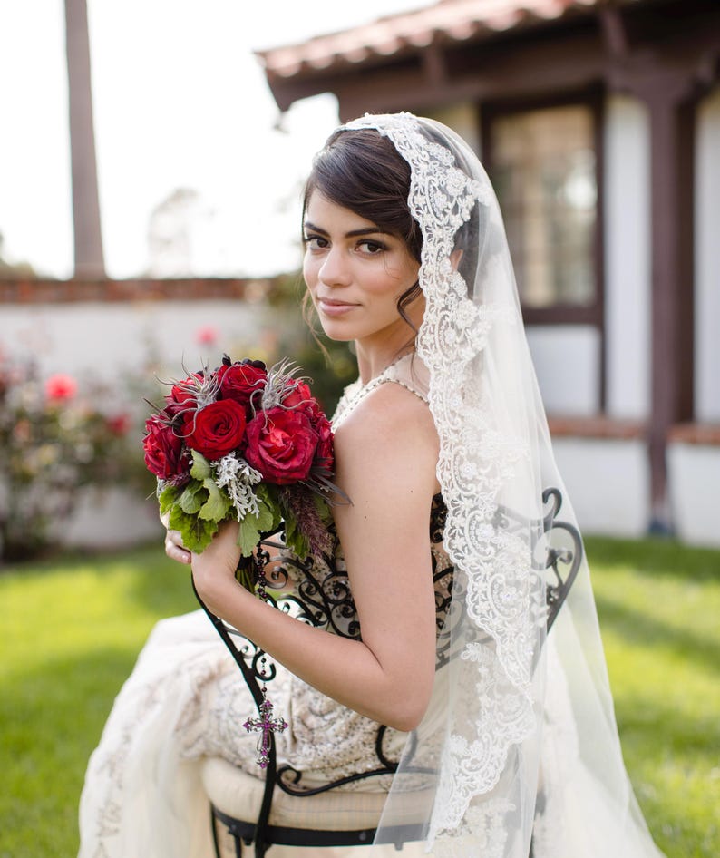Beaded Lace Mantilla Fingertip Veil – Floral Embroidery, USA Made - Etsy