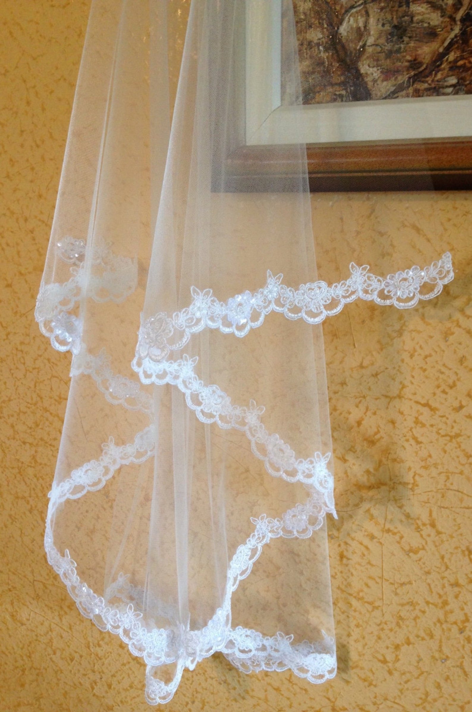 Lace Veil in Single Tier With Raw Sides Beaded Lace Veil With - Etsy
