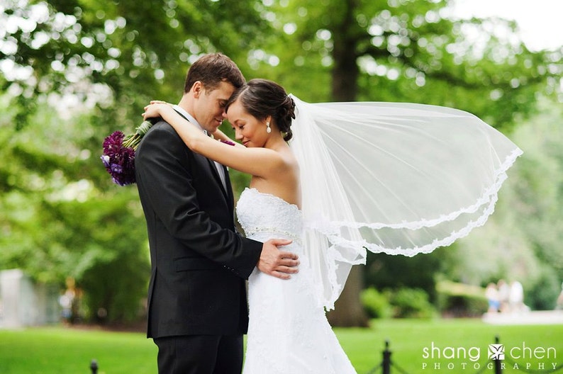 Bridal Veil in Two Tier With Beaded Lace Edge in Fingertip Length ...