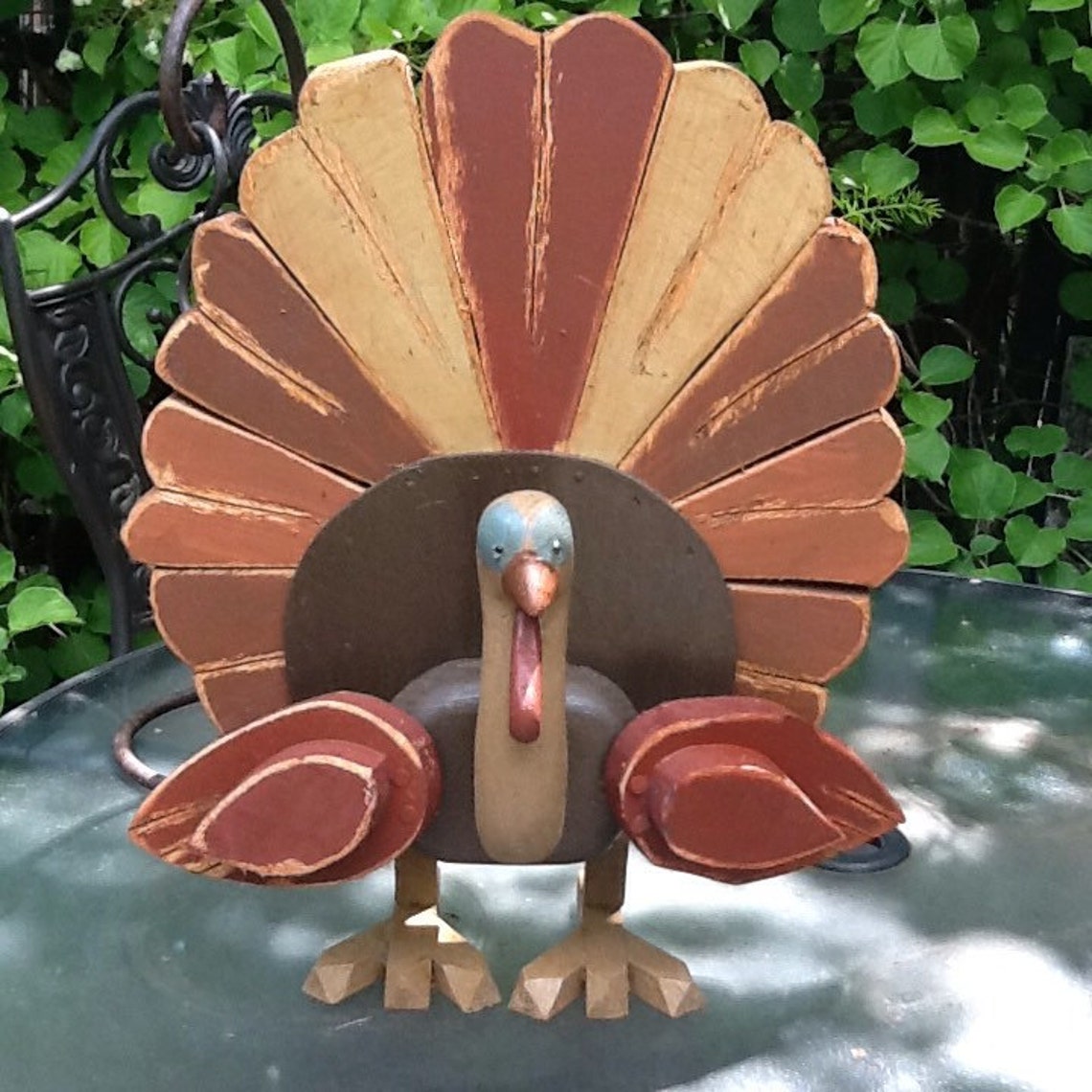 Carved Folk Art Wood Turkey 16by 15 Inches Red brown and Tan - Etsy