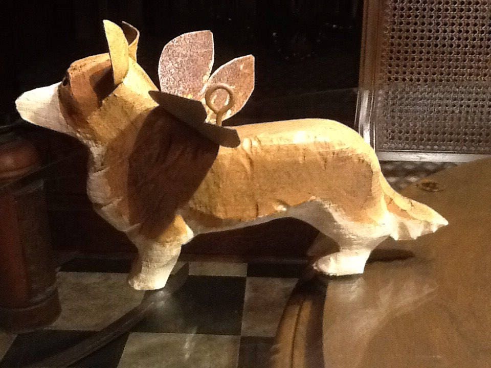 Carved Cardigan Corgi Has Metal Wings ,and Hook for Home or Garden or ...