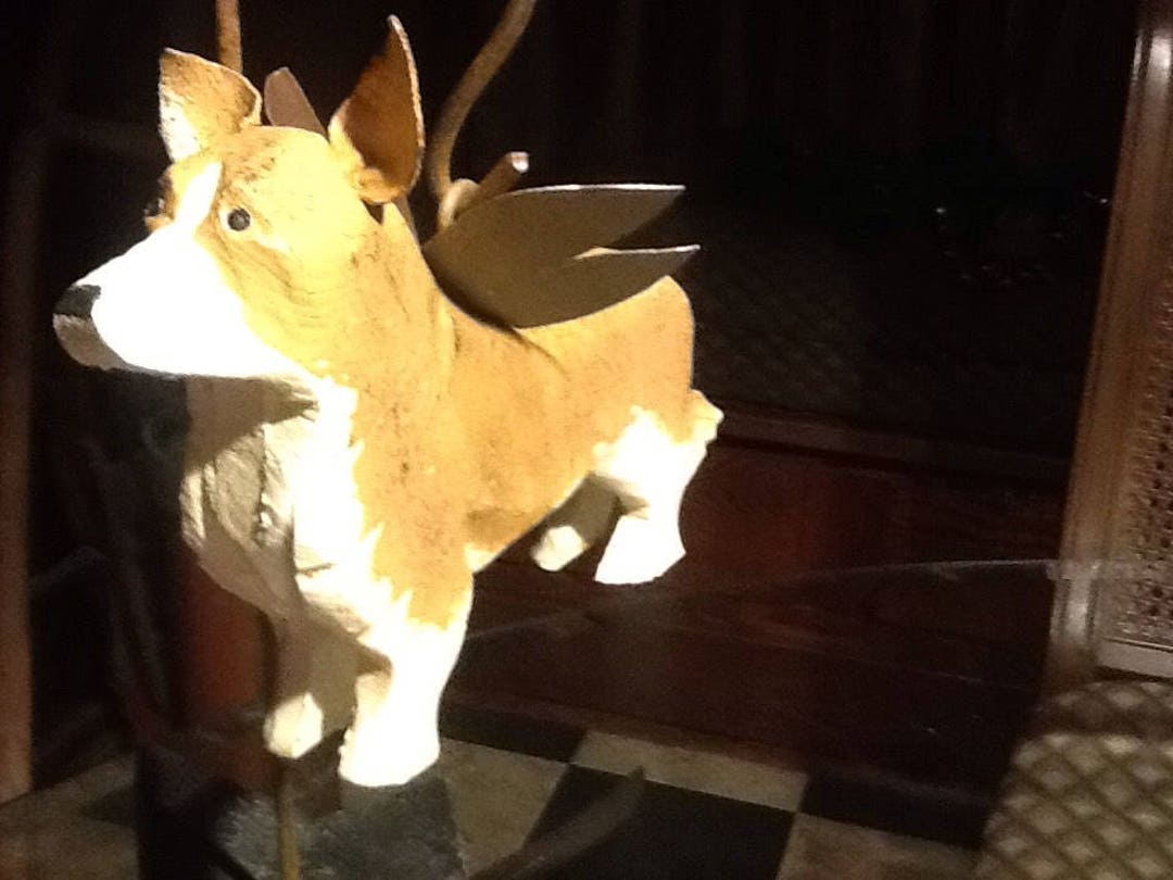 Carved Cardigan Corgi Has Metal Wings ,and Hook for Home or Garden or ...