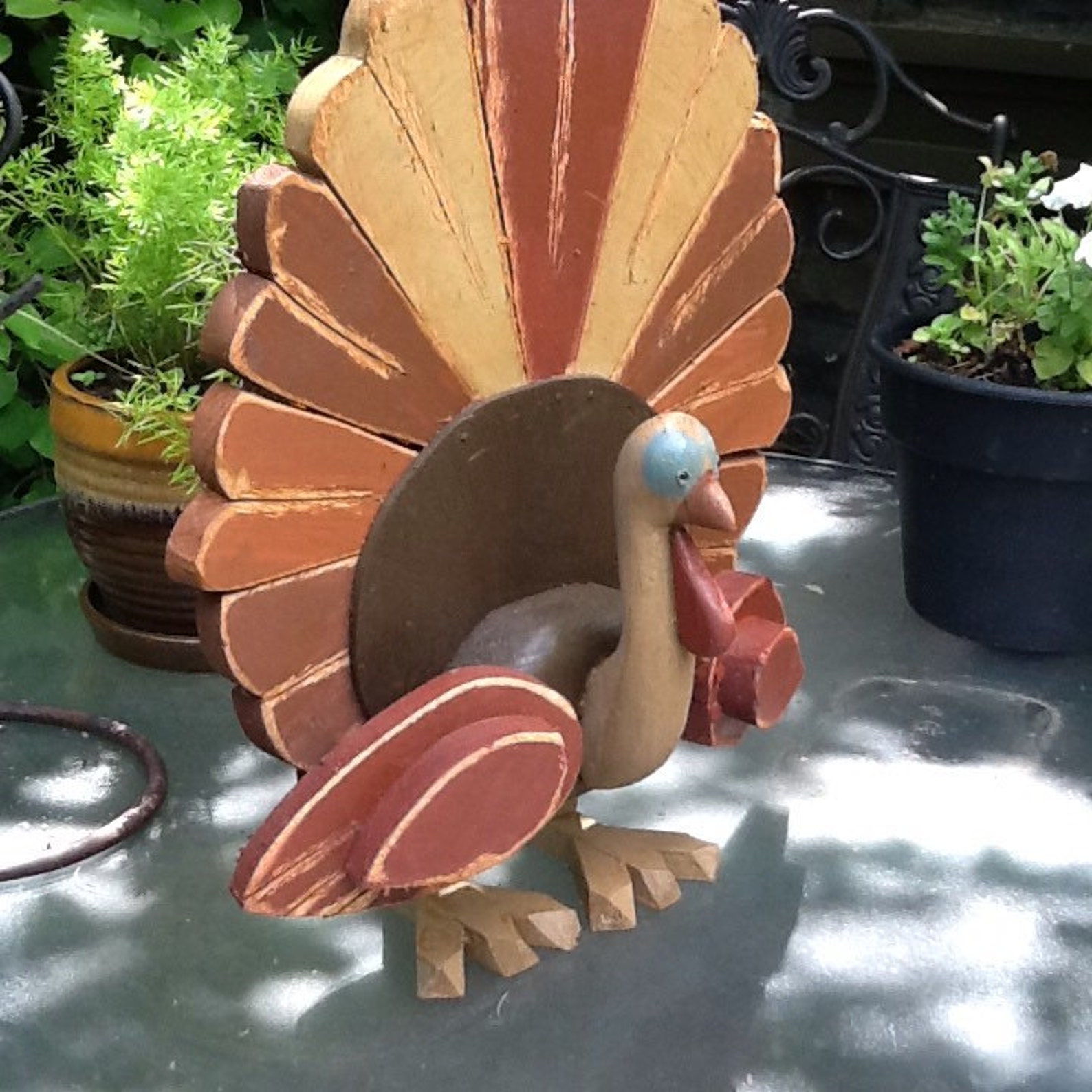 Carved Folk Art Wood Turkey 16by 15 Inches Red brown and Tan - Etsy