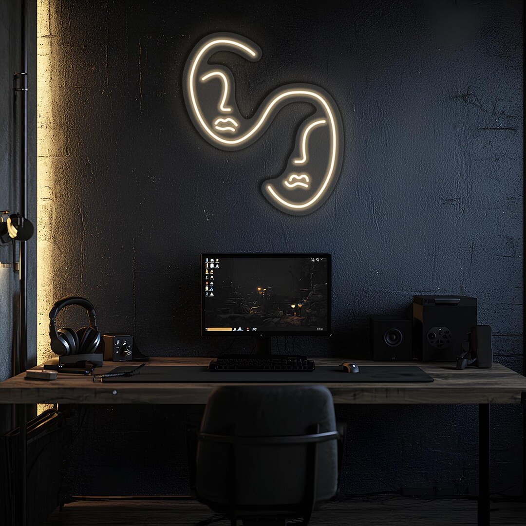 Two Face Line Art Neon Sign, Two Face Line Art Sign, Two Face Decor ...