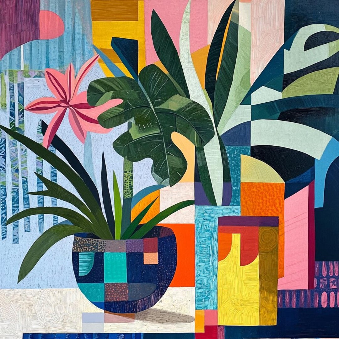 Set of 4 Printable Tropical Leafy Greens Wall Art, Abstract Geometric ...