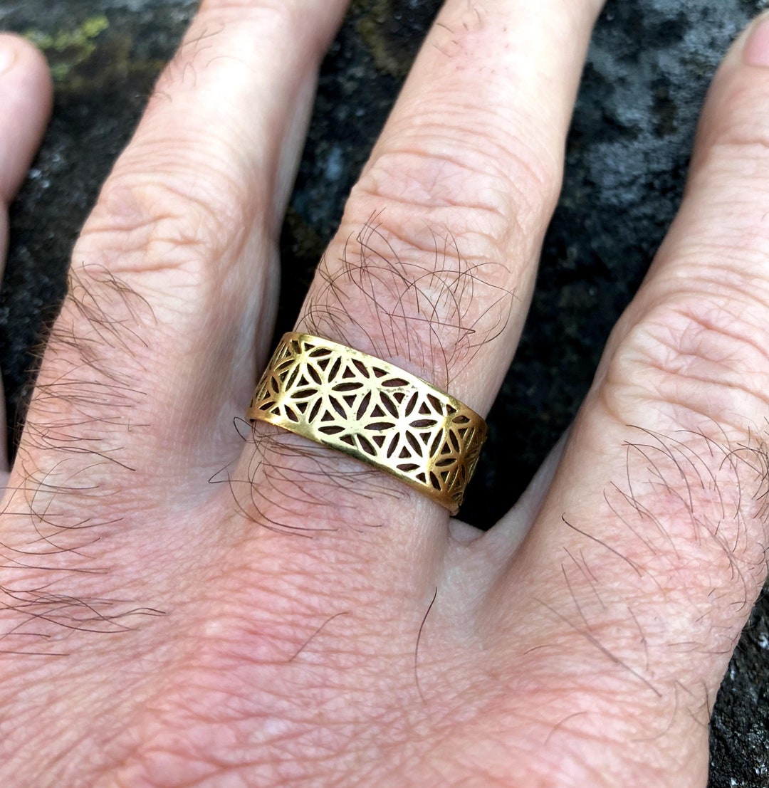 Brass Flower of Life Ring / Gold Flower of Life Band / Sacred Geometry ...