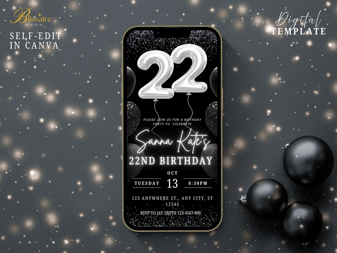 22nd Birthday Party Invitation Black White Digital 22nd Glam Dinner ...