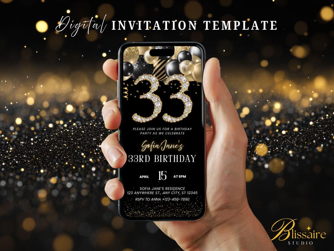 33rd Birthday Party Invitation Black Gold Digital 33rd Glam Dinner ...