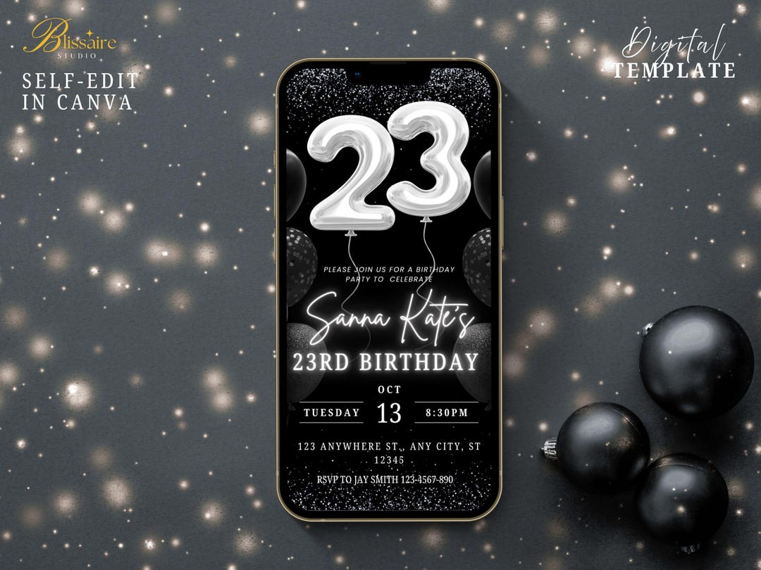 23rd Birthday Party Invitation Black White Digital 23rd Glam Dinner ...
