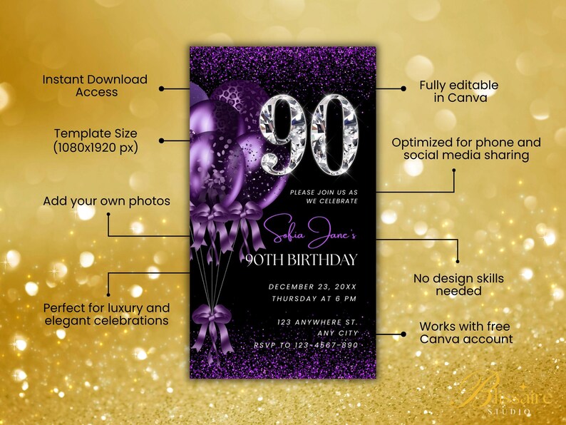 Digital 90th Birthday Invitation Photo Invite Purple Black 90th ...