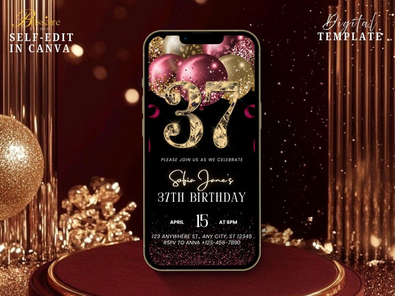 37th Birthday Party Invitation Red Gold Digital 37th Glam Dinner Brunch ...