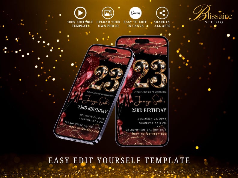 23rd Birthday Party Invitation Red Gold Digital 23rd Glam Dinner Party ...