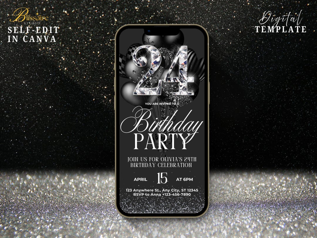 Digital 24th Birthday Invitation Black White 24th Birthday Evite ...