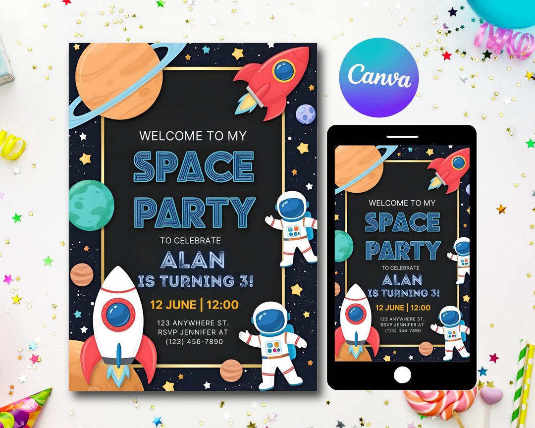 Outer Space Party Birthday Invitation Card, Astronaut Invitation ...