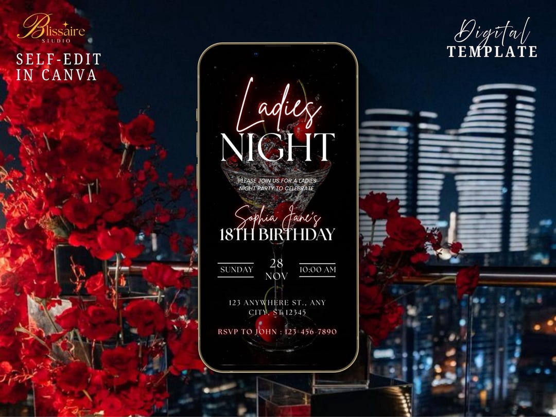 Digital Ladies Night Out Invitation Wine Birthday Invite Bachelorette ...