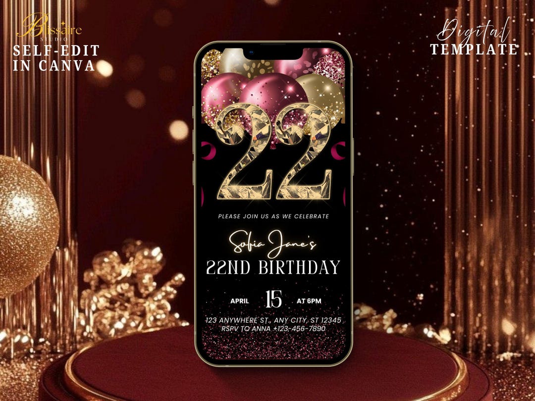 Digital 22nd Birthday Invitation Red Gold 22nd Birthday Evite Digital ...