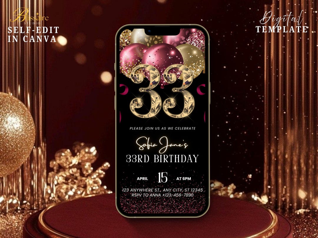 Digital 33rd Birthday Invitation Red Gold 33rd Birthday Evite Digital ...