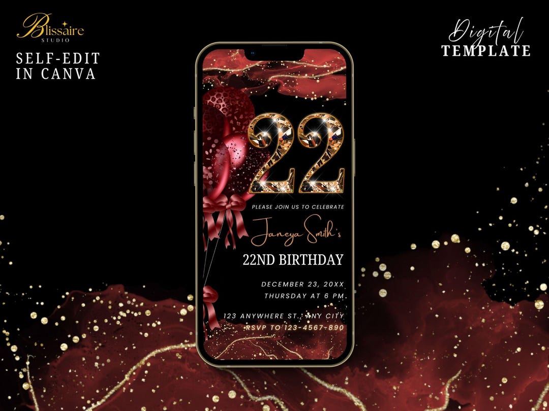 22nd Birthday Party Invitation Red Gold Digital 22nd Glam Dinner Party ...