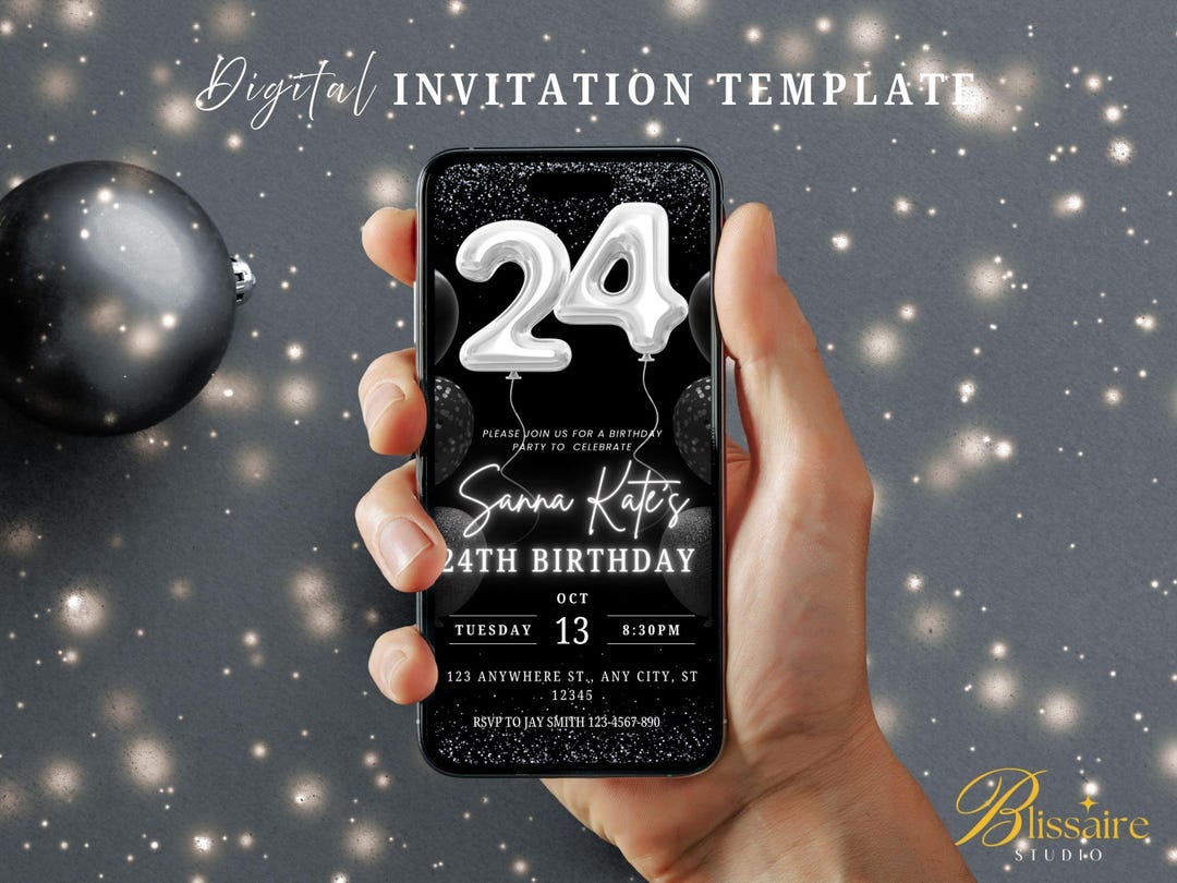Digital 24th Birthday Invitation Photo Invite Black White 24th Birthday ...