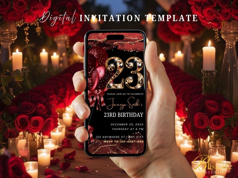 23rd Birthday Party Invitation Red Gold Digital 23rd Glam Dinner Party ...
