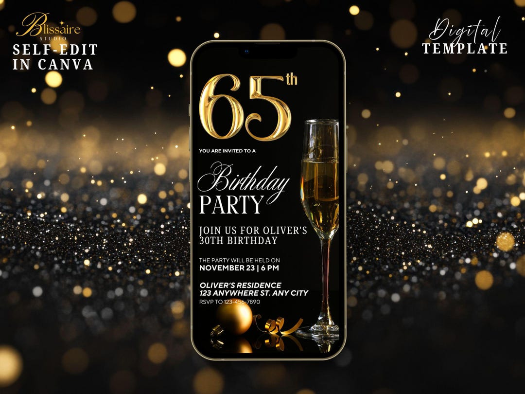 Digital 65th Birthday Invitation Black Gold 65th Birthday Evite Digital ...