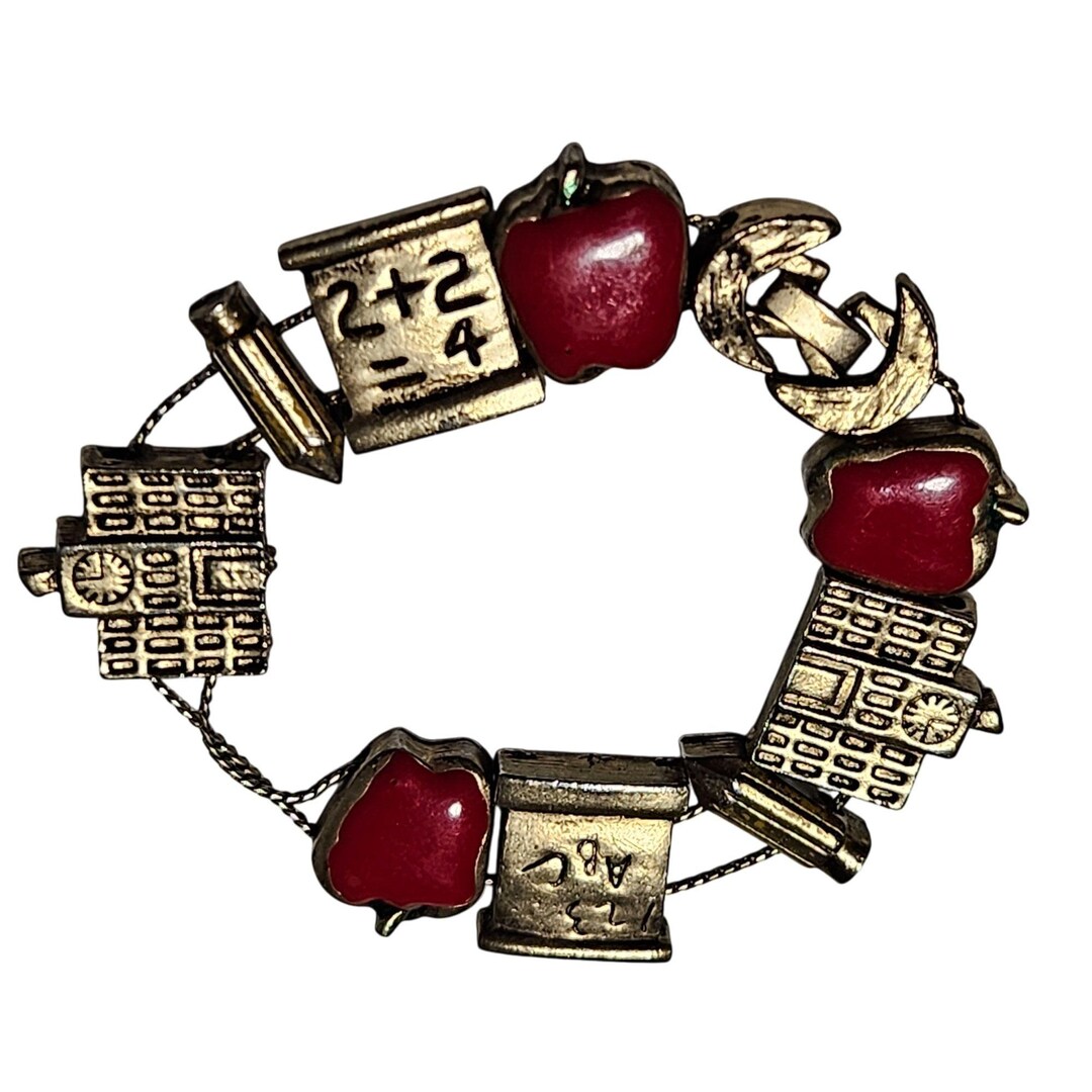 Vintage Teacher Themed Charm Bracelet Red Apples Books School House ...