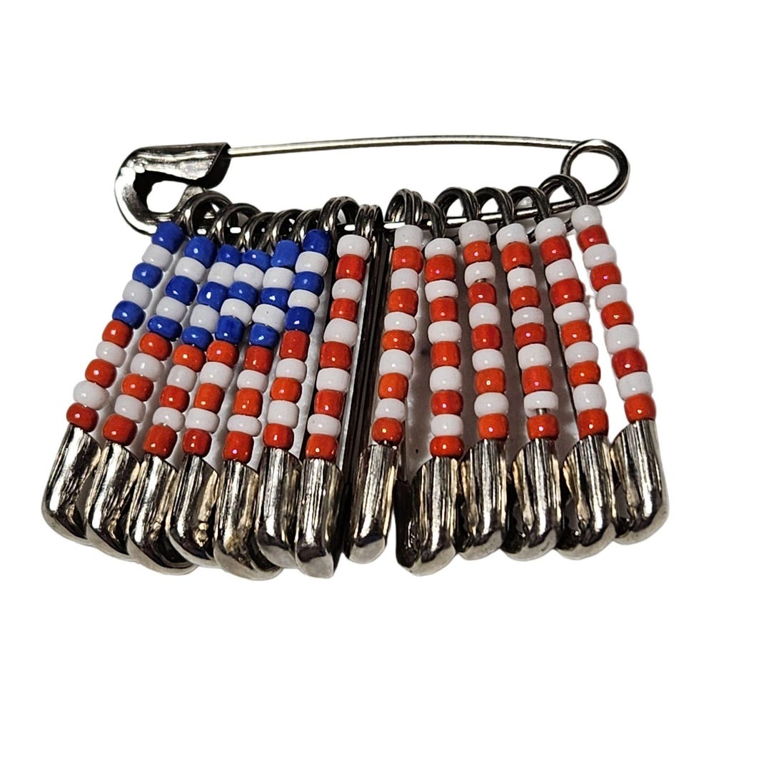 Handmade Patriotic American Flag Safety Pin Brooch Red White Blue Beads ...