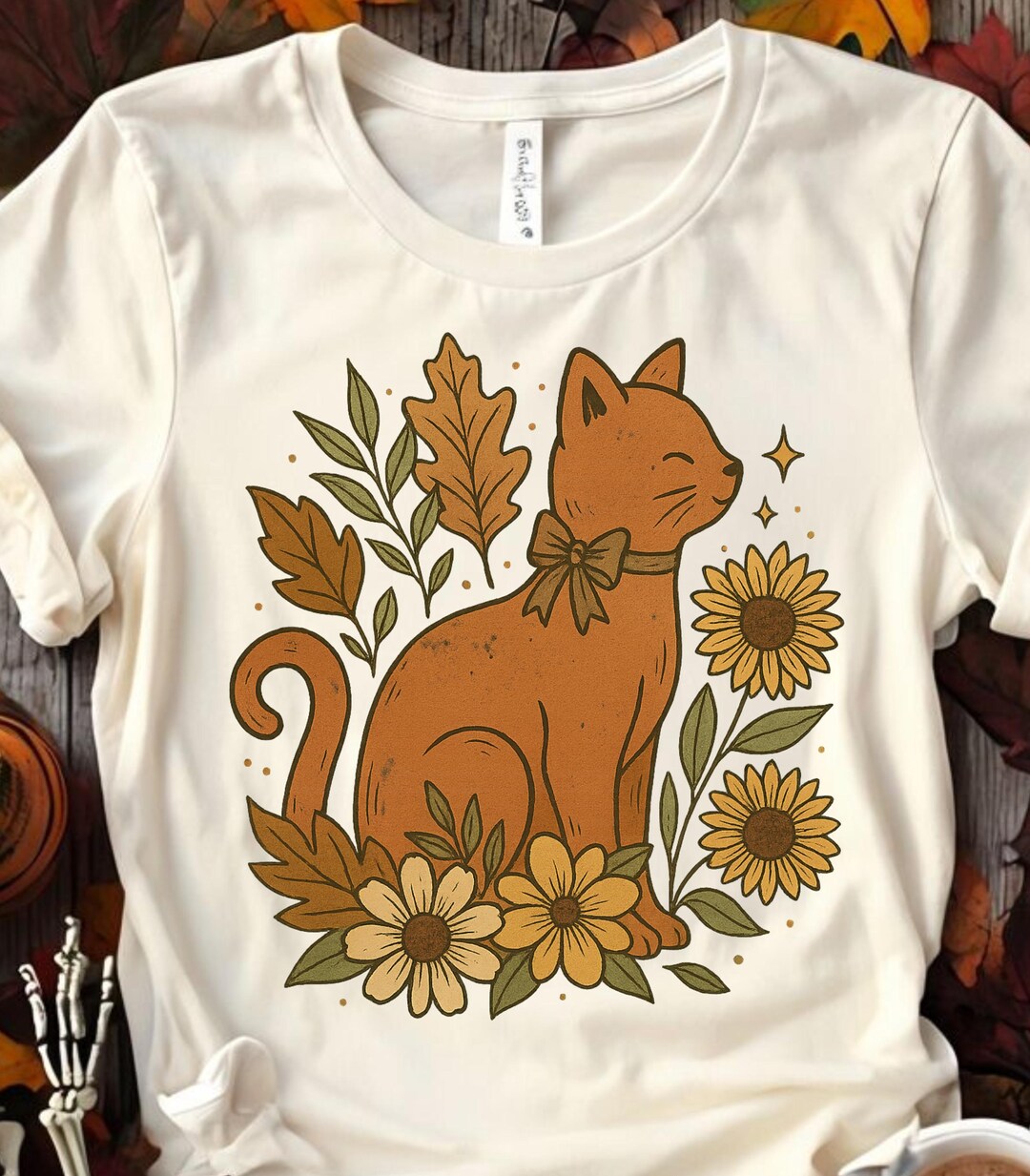 Autumn Cat PNG With Sunflowers, Cozy Fall Cat Clipart With Bow and ...