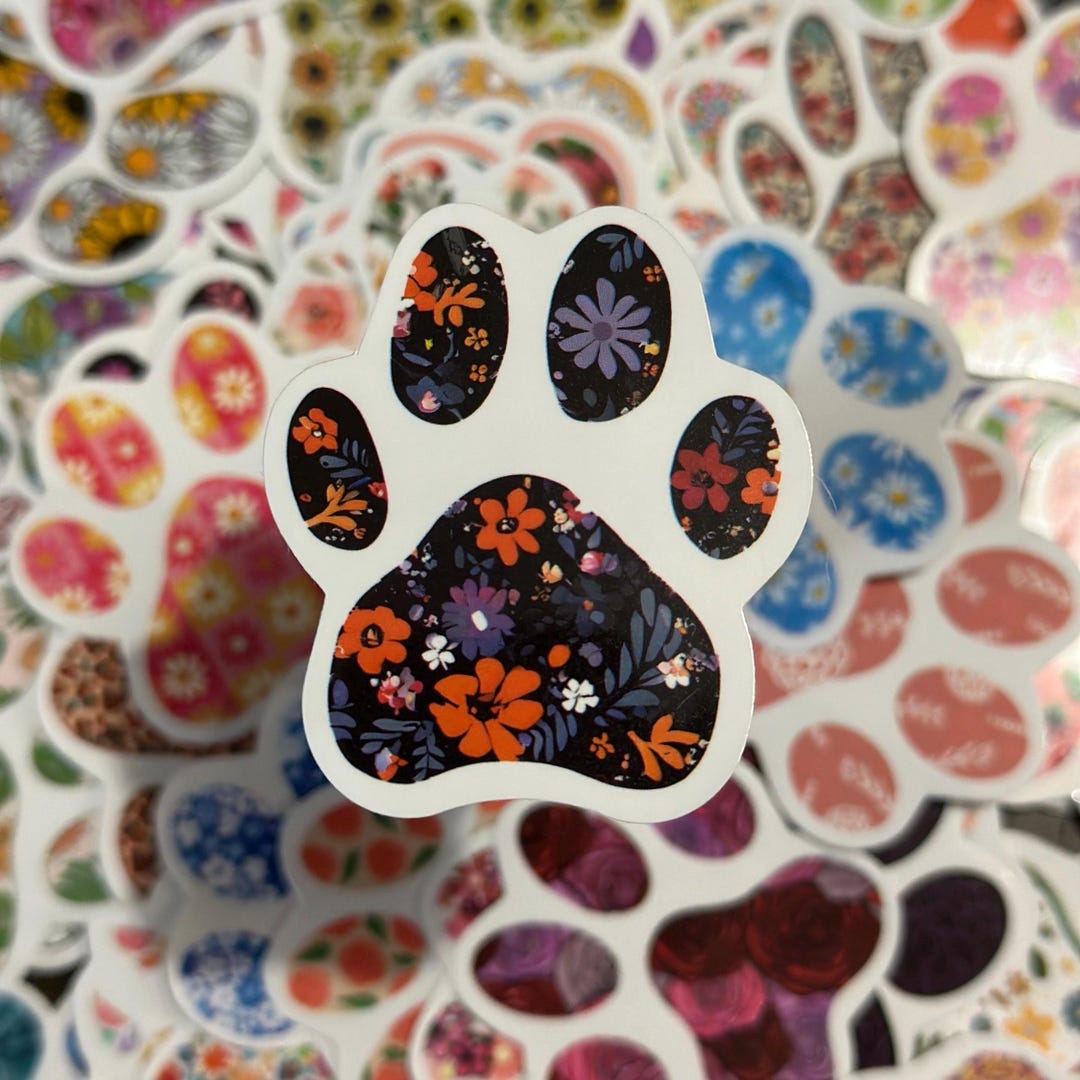 Floral Paw Print Sticker, Abstract Black, Orange, Purple Flowers ...