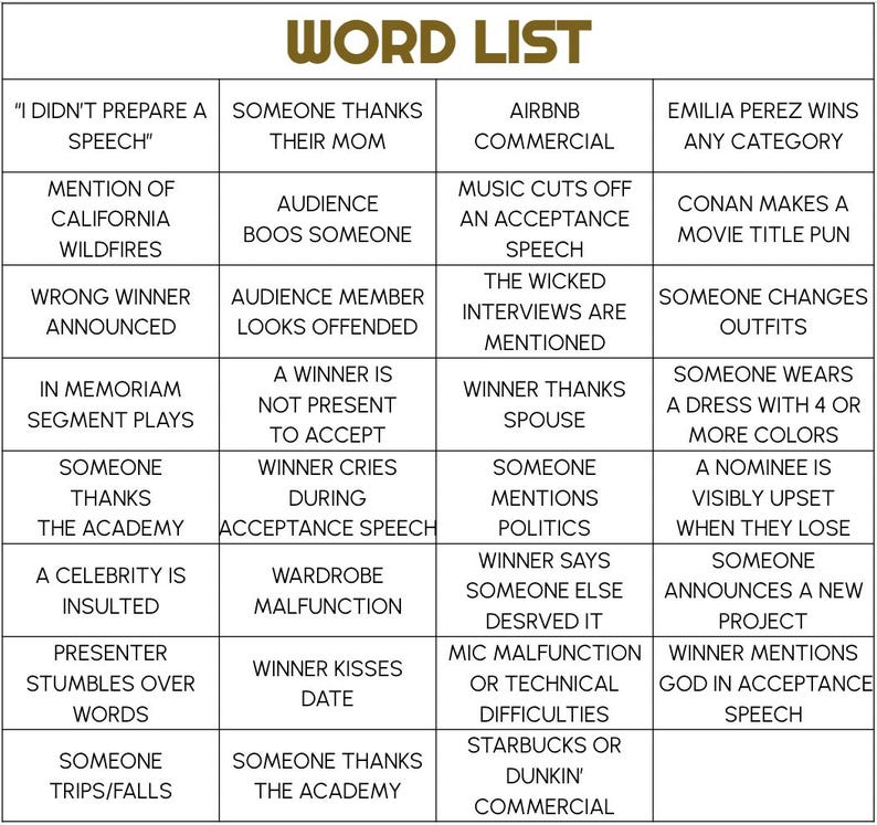 OSCARS 2025 BINGO: Fun Printable Game for 97th Academy Awards Night ...