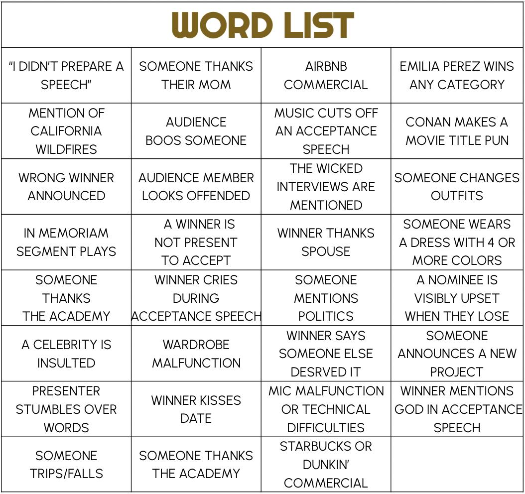 OSCARS 2025 BINGO: Fun Printable Game for 97th Academy Awards Night ...