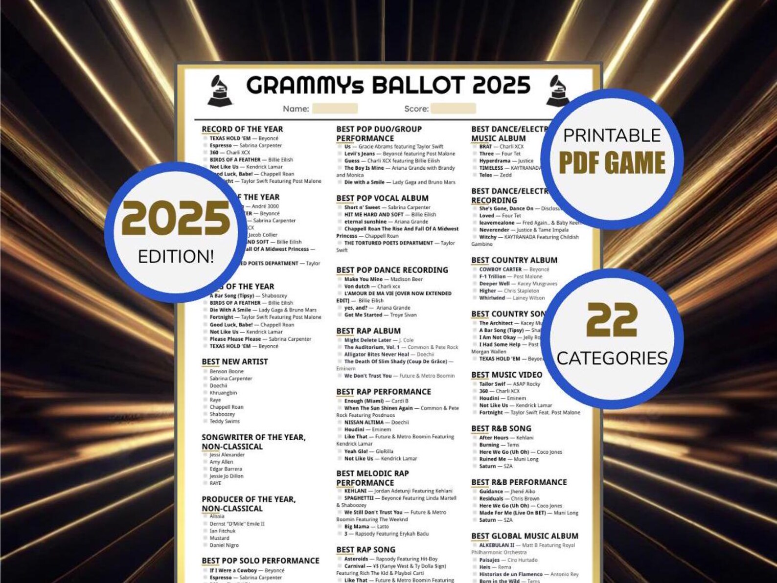 2025 Grammys Ballot FUN: Grammys Prediction 2025 Printable Game for ...