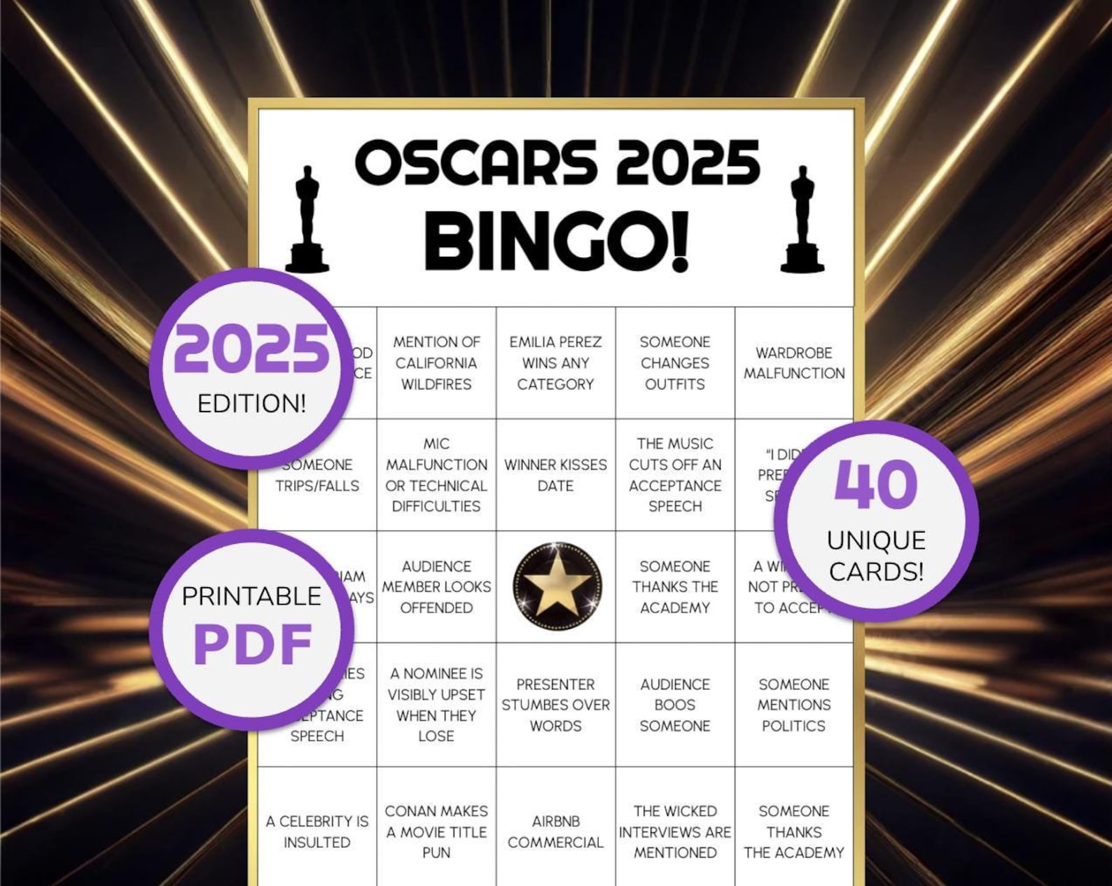 OSCARS 2025 BINGO: Fun Printable Game for 97th Academy Awards Night ...