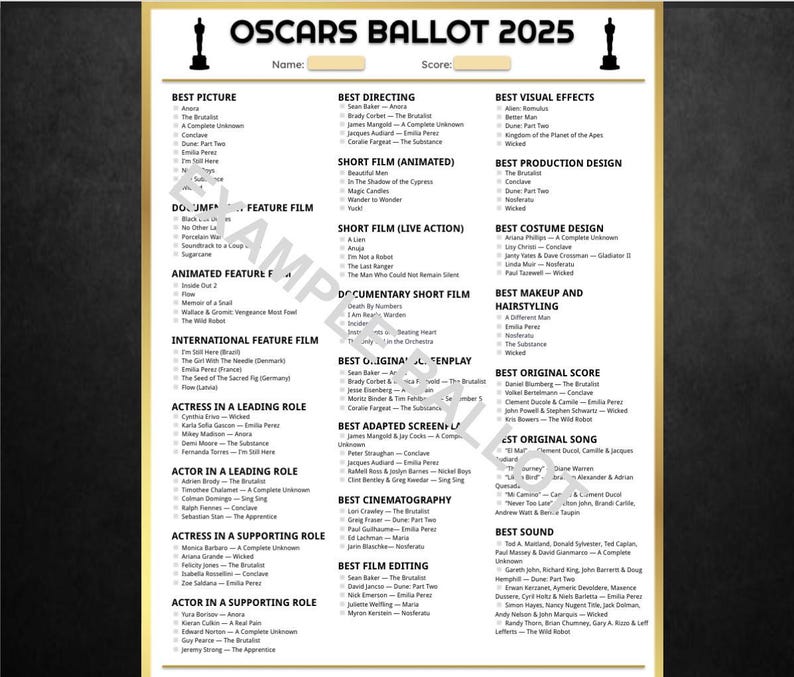 2025 Oscars Ballot: Printable Predictions Game for the 97th Academy ...