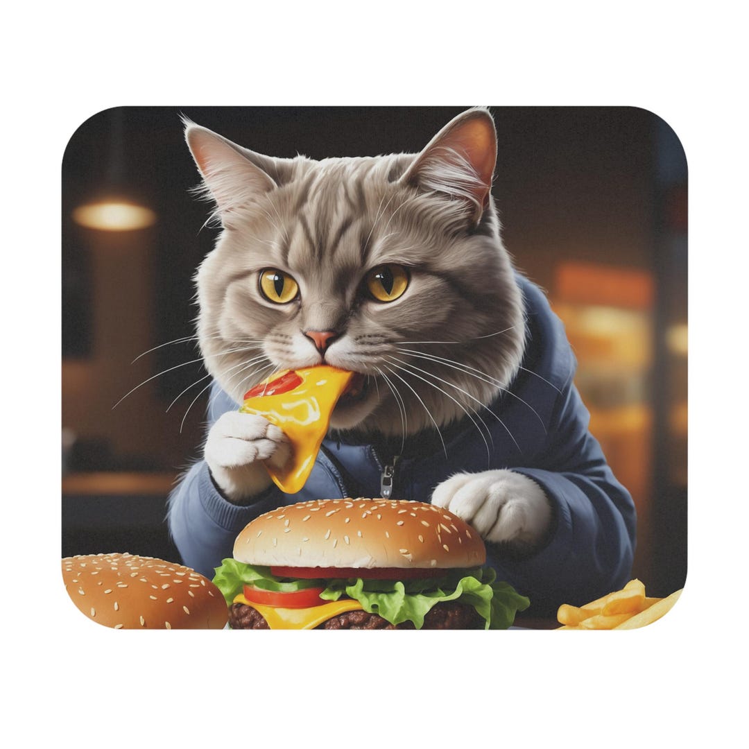 Funny Cat Eating Cheeseburger Mouse Pad, Cute Kitty Rectangle Desk Mat ...