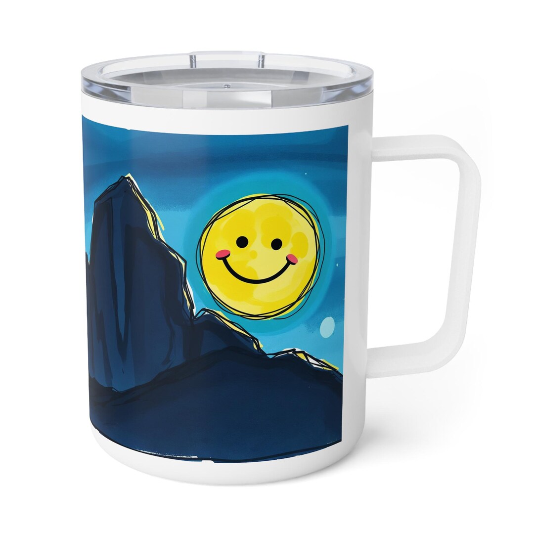 Smiley Face Moon Insulated Mug, Moon and Stars Coffee Cup, Celestial ...