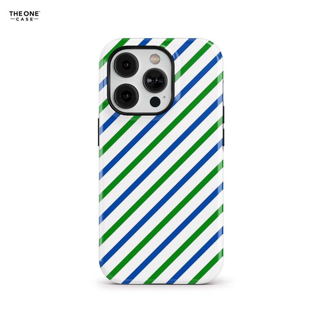 Cobalt Blue and Green Diagonal Stripes Phone Case for iPhone 16 15 14 ...